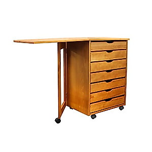 Adeptus Original Drop Leaf Roll Cart with Desk, Sold Wood, 7 Drawer Extra Wide Drawers Roll Carts, Medium Pine