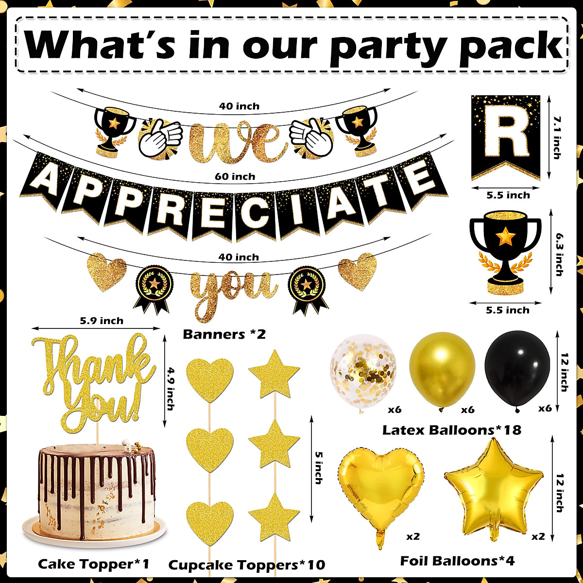 We Appreciate You Thank You Banner Appreciation Decorations Include Gold Glitter Banners Cake Cupcake Toppers Latex Foil Balloons for Teacher Doctor Staff Nurse Pastor Graduation Party (Black)