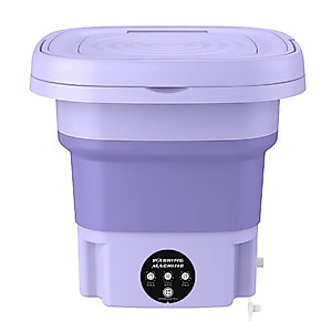 Generic Portable Washing Machine, Blue Light Folding Washing Machine with Drain Basket, 3 Levels Timing, Compact Laundry Washer for Apartment and Household (Purple)