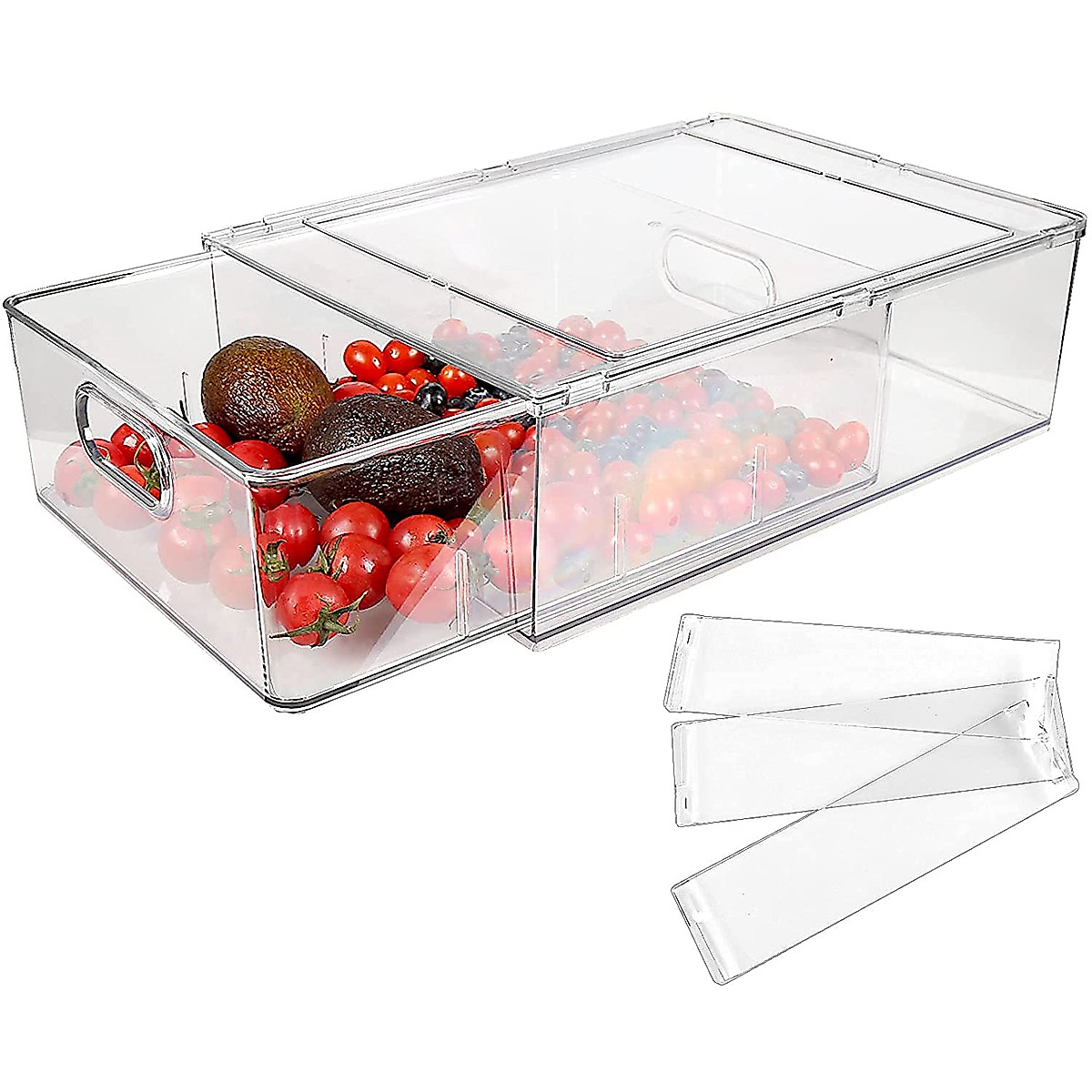 Refrigerator Organizer Bins with Pull-out Drawer, Large Stackable Fridge Drawer Organizer Set with Handle, BPA-free Drawable Clear Storage Cases for Freezer, Cabinet, Kitchen, Pantry Organization