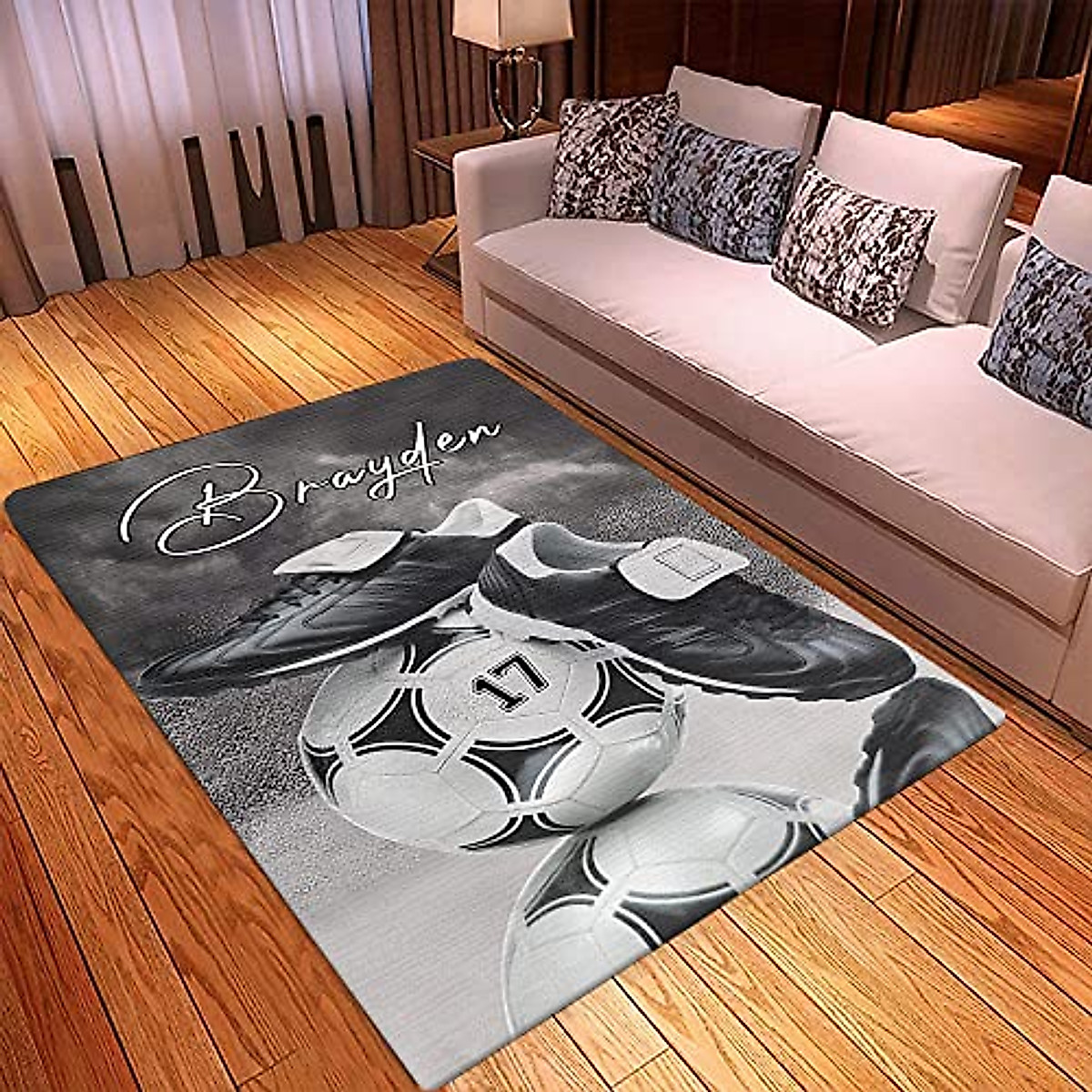 Custom Soccer Shoe and Ball Rug - Soccer Carpet, Soccer Gift 2X3 3X5 4X6 5X8 Area Rug Gifts for Soccer Lovers Printed Carpet for Kitchen Living Room Bedroom Sports Room Decor