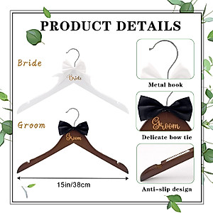 Ahzemepinyo 2 Pcs Bride and Groom Wedding Dress Hanger Wooden Wedding Hanger with Bow Tie Mr and Mrs Hangers Bride to Be Wedding Dress Hanger Wooden Hangers Wedding Gift Bridal Party Shower Gift