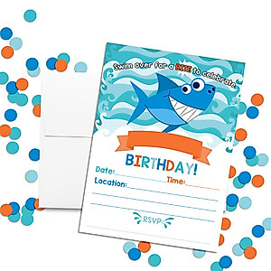 Smiling Shark Bite Birthday Party Invitations, 20 5x7 Fill In Cards with Twenty White Envelopes by AmandaCreation