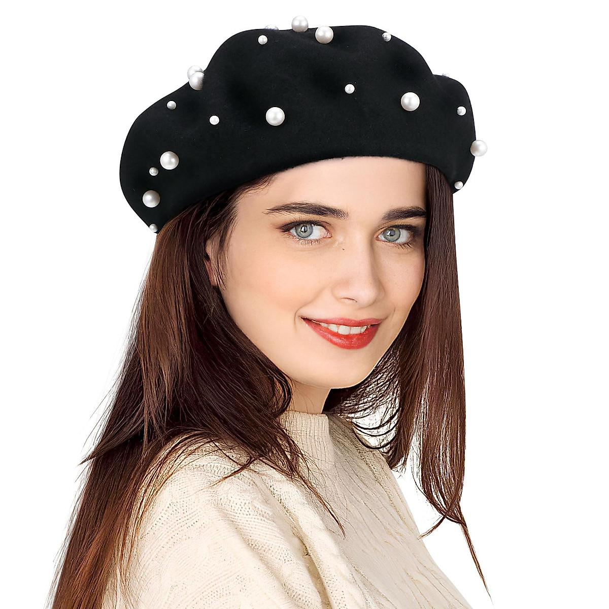 Pearl Autumn Winter Cashmere Beret Starry Beaded Pearl Rivet Wool Beret (Black)
