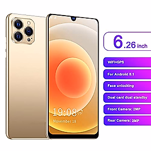 Yunseity IP12 PRO Unlocked Android Smartphone,6.26in Full Screen Dual SIM Cell Phone,Face Recognition Unlocked Android Smartphone(Gold)