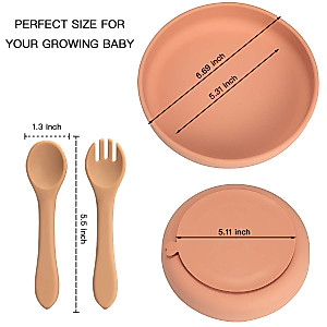 TOPGOMES Silicone Suction Plate, Comes with Soft Spoon Fork | Stay Put Baby Feeding Dishes for Kids and Infants | BPA Free, 100% Food-Grade Silicone, Non-Slip Design (Ether)
