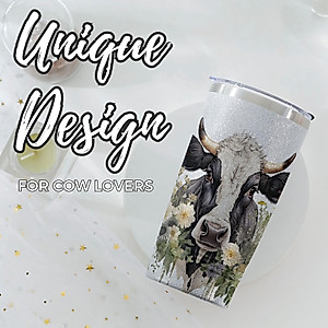 Onebttl Cow Gifts for Women Girls, Watercolor Cow 20oz Vacuum Insulated Stainless Steel Travel Tumbler with Lid, Glitter Silver