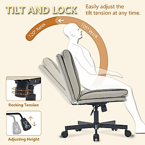 TOPDRGN Criss Cross Legged Office Desk Chair, Wide Seat Armless Swivel Chair with Wheels Modern PU Leather Task Chair Height Adjustable Rolling Chair Computer Vanity Chair for Home, Make Up (Gray)