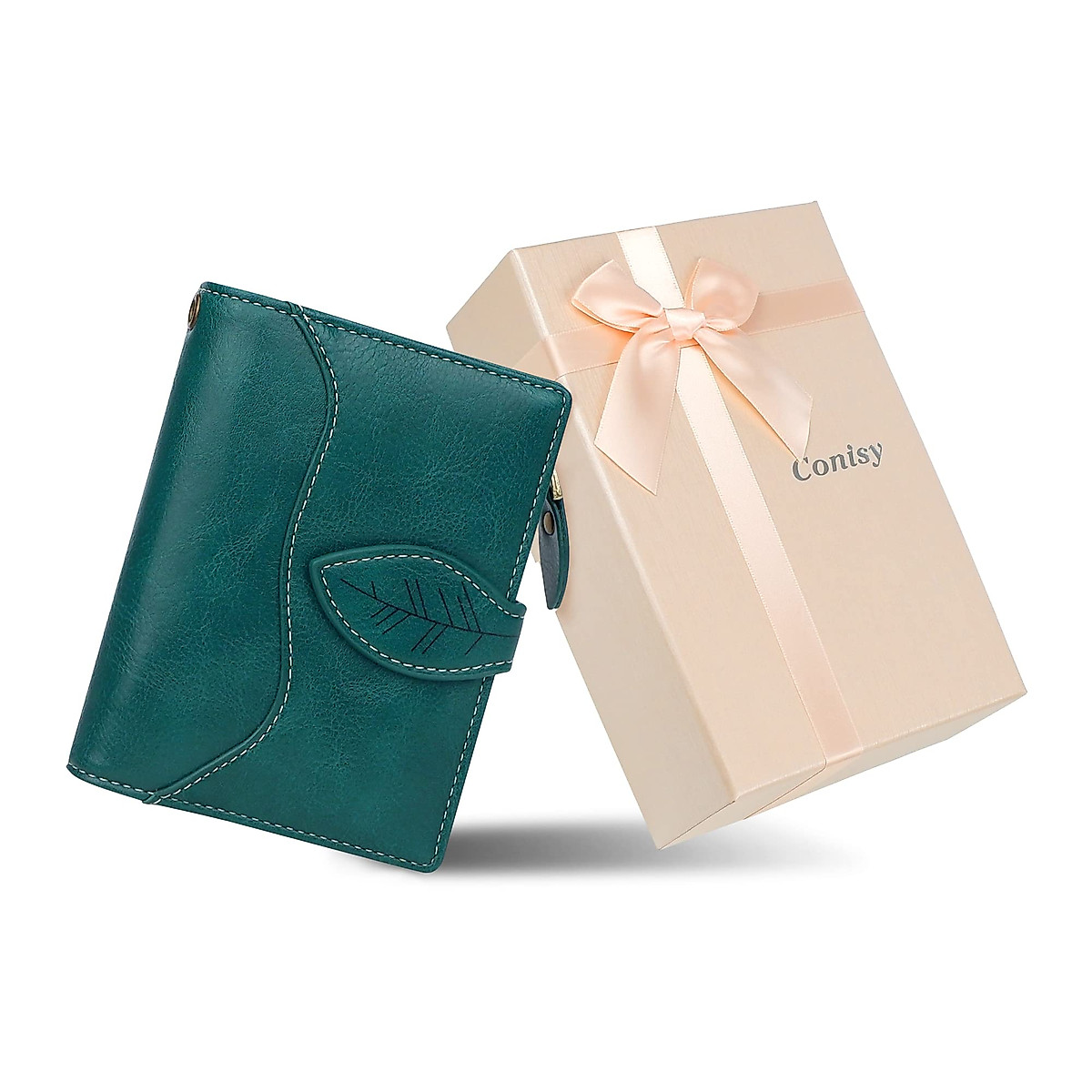 CONISY Small Wallet for Women, Compact Bifold Leather Wallet with Wristlet RFID Blocking Womens Wallet (Peacock Blue)