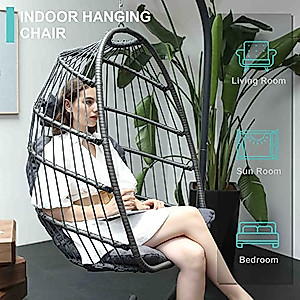 SWITTE Hanging Egg Chair with Stand, Egg Swing Hammock Chair with Stand, Indoor Outdoor Wicker Egg Chair with Cushion Headrest for Patio Bedroom Porch Garden, 350LBS Capacity(Dark Grey)