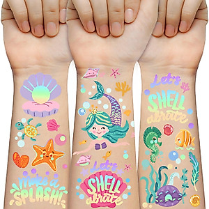 Mermaid Temporary Tattoos for Kids, 85+ Glitter Fake Tattoo, Pirate, Bluey, Dinosaur, Paw Patrol Sleeve Tattoos, Ocean Creatures & Animal, Birthday Party Gift for Boy & Girls Stickers