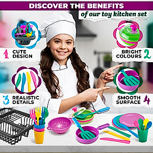 Play Kitchen Pots and Pans for Kids Kitchen Playset - 27Pcs Toy Plates and Dishes for Kitchen Set Plastic Dishes and Utensil Sets for Play Kitchens - Kids Playset Play Dishes for Kids Kitchen Toys