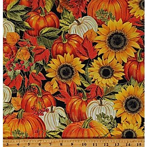 Timeless Treasures Cotton Sunflowers Fall Leaves Pumpkins Harvest Floral Metallic Gold Accents Cotton Fabric Print by The Yard (HARVEST-CM2801-AUTUMN)