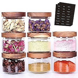 Tzerotone 8 Pcs Spice Containers - 8.5oz Glass Spice Jars With Acacia Airtight Lid and Labels - Stackable Empty Round Spice Bottles for kitchen Seasoning, coffee bean, tea, suger, herbs