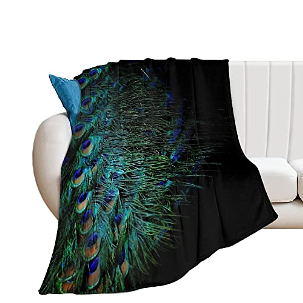 Peacock Feather Flannel Fleece Throw Blankets 50"X40" Lightweight Fluffy Winter Fall Blanket Cozy Soft Fuzzy Plush Home Decor for Couch Bed Sofa Bedroom Living Room Travel