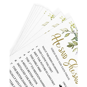 Printed Party Bridal Shower Games – He Said She Said Game with Fun Bride and Groom Trivia, Wedding Shower Activity, Botanical Eucalyptus Theme, 50 Guests