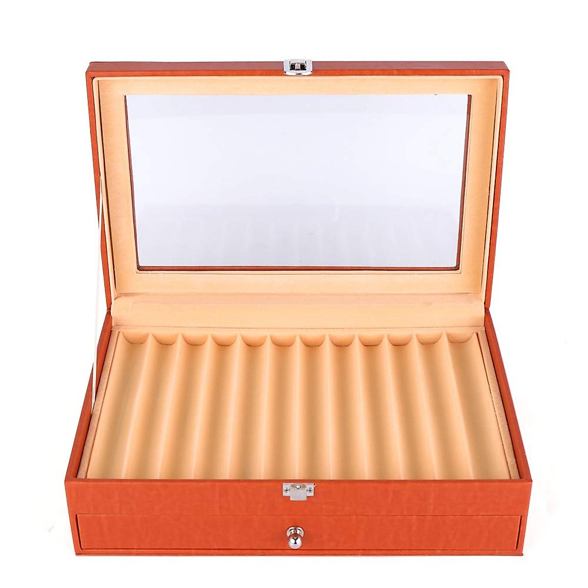 Pen Display Box 24 Piece Black Leather Flannel Pen Organizer Box,Glass Pen Display Case Storage Box with Lid,Top Glass Window Two Level Display Case with Drawer Pen Collection Display Case (Orange)