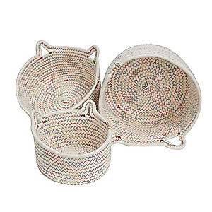 Hizibesty 3 Pack Cotton Rope Storage Baskets Bin Stackable Decorative Woven Basket with Cut Cat Ears Design for Clothes, Toy, Makeup, Books, Towels, Nursery