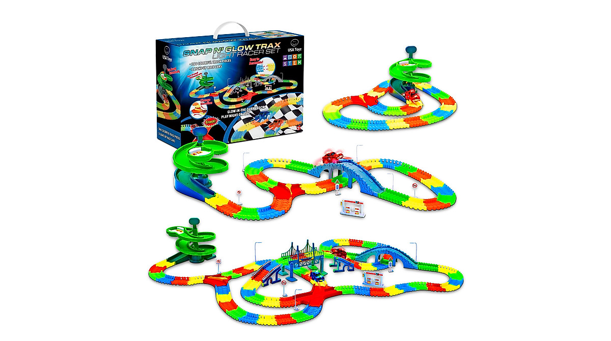 USA Toyz Glow Trax Race Track Set - 380pcs Glow in Dark Cars & Tracks
