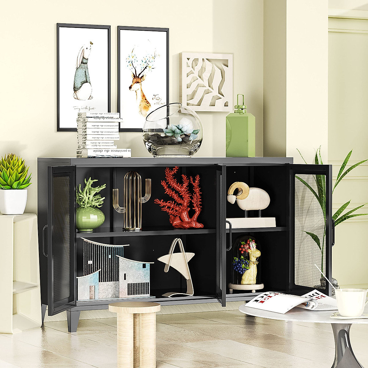 LISSIMO Wide Storage Cabinet with 3 Mesh Door,47" Wide Kitchen Storage Cabinet, Modern Sideboard Storage Organizer for Bedroom Bathroom Dining Living Room and Hallway