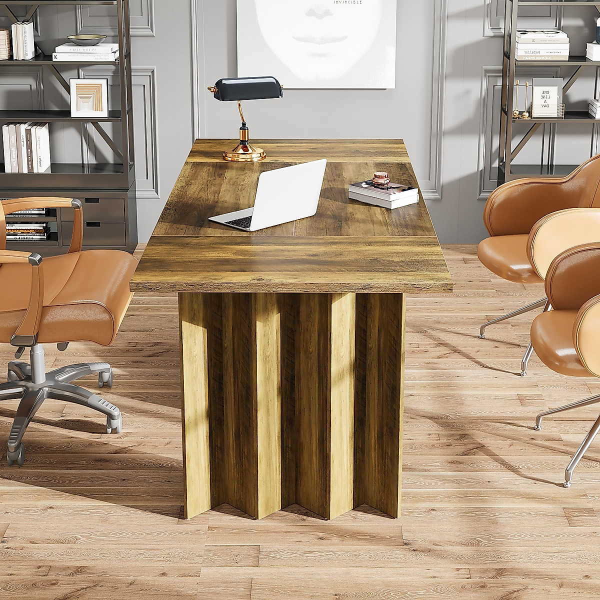 Tribesigns Modern Executive Desk, 62.2" Office Computer Desk, Mid-Century Modern Desk with Legs, Simple Writing Desk Workstation Business Furniture for Home Office, Brown Oak