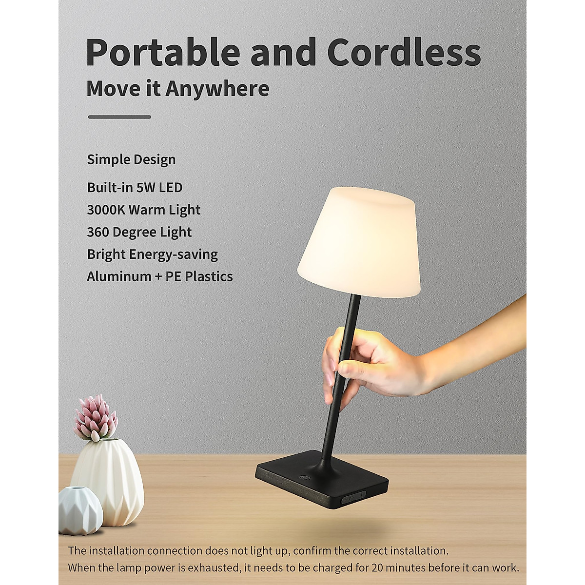 VISDANFO Outdoor Cordless Portable Table Lamp,5000mAh Rechargeable Battery Operated Dimming LED Desk Lamp,IP44 Waterproof,Modern Night Light for Camping Restaurant Bedroom Bars Home Party(Black)