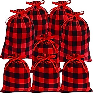 Halatool 8 Pack Red Buffalo Plaid Christmas Bags with Ribbon Durable Drawstring Bag Storage Sack for Xmas Tree Accessories Candy Presents Wrapping Supplies