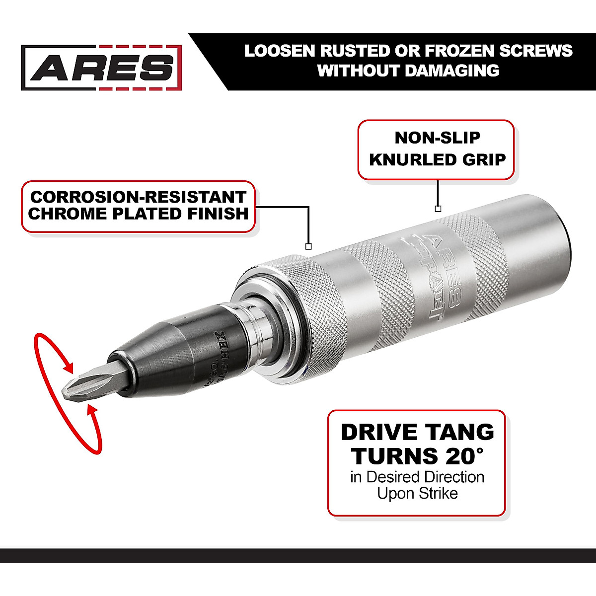 ARES 70606-1/2-Inch Manual Reversible Impact Driver - Flathead 5/16 & 3/8 and Phillips #2 & #3 Bits for Most Common Applications - Disengage Brake Caliper Screws, Rusted Fasteners or Frozen Bolts
