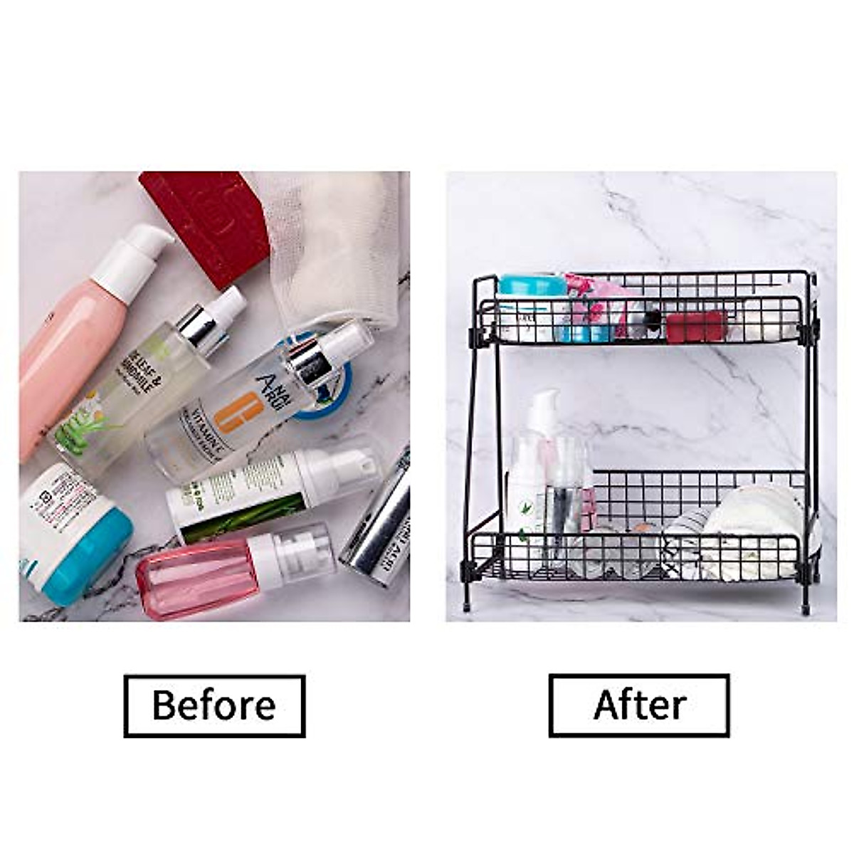 Betgod 2-Tier Bathroom Countertop Organizer, Wire Basket Storage Container Countertop Shelf, Kitchen and Shower Countertop Organizer Rack, Black