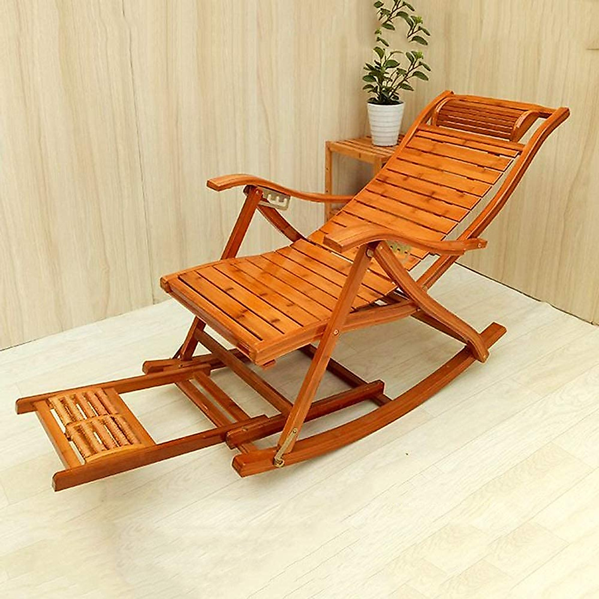 BROHN Lounge Chair, Lounge Chairs,Bamboo Rocking Chair Adjustable Folding Recliner Summer Outdoor Sun Loungers Armchair Balcony Old Man Siesta Chair with Headrest and Foot Massage
