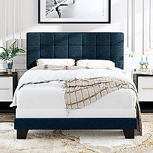 Allewie Queen Size Panel Bed Frame with Adjustable Headboard for High Profile/Fabric Upholstered/Square Stitched Padded Headboard/Box Spring or Bunkie Board Required/Navy Blue