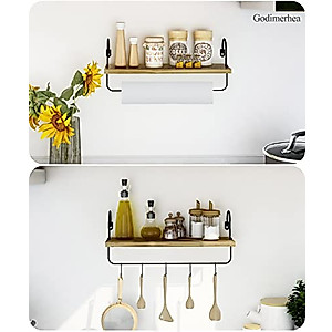 Godimerhea Floating Shelves with Hooks, Set of 2 Rustic Wall Mounted Wooden Decorative Storage Shelves with Towel Rack for Coffee Bar, Kitchen, Living Room（Brown）