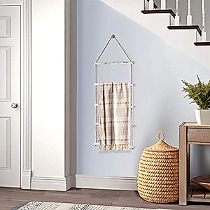 Towel Rack for Bathroom- 3.3-Foot Wall Hanging Whitewashed Wood & Rope Blanket Ladder with 5 Rungs for Farmhouse Room Decor (Whitewashed)