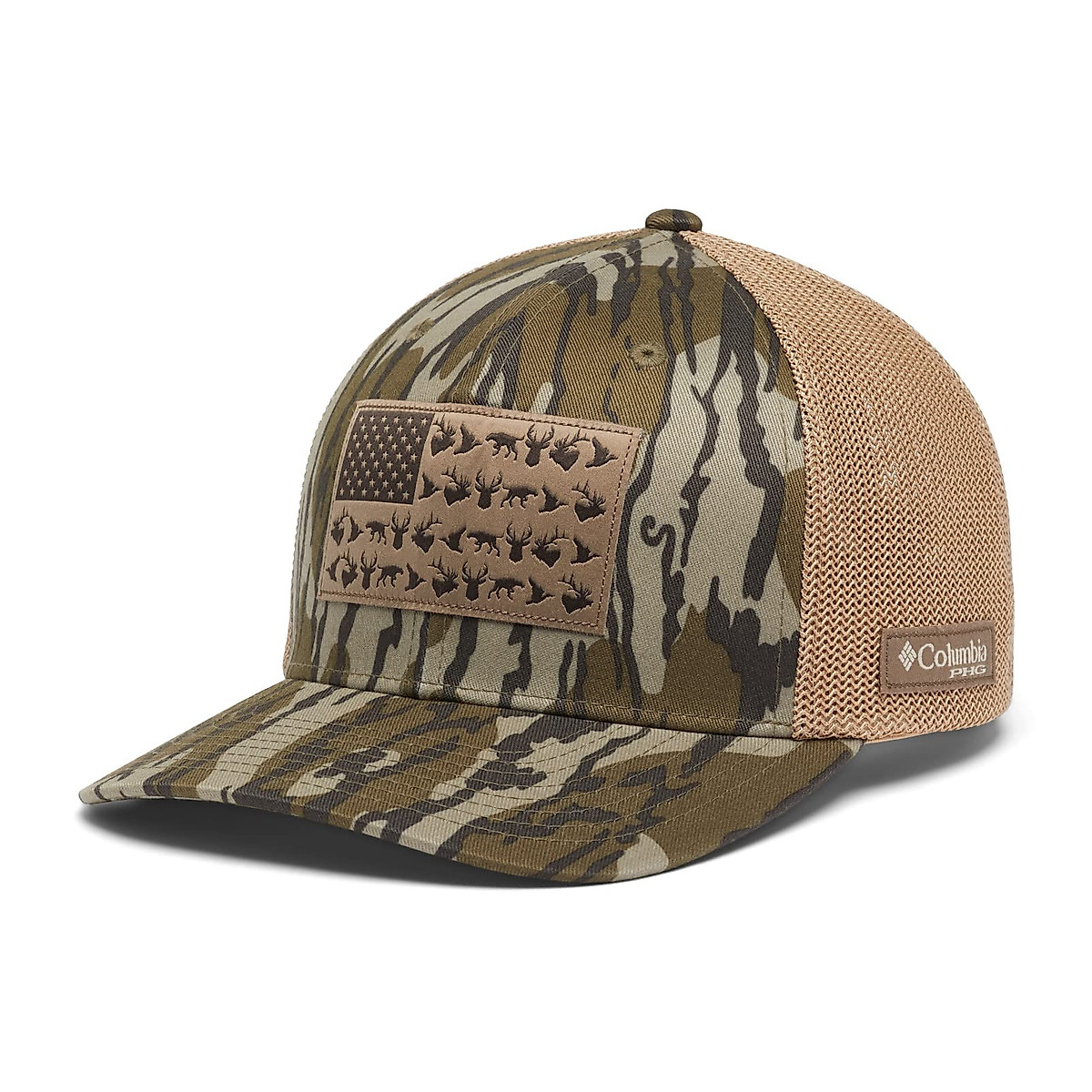 Columbia Unisex PHG Camo Mesh Ball Cap - High, Mossy Oak Bottomland/Game Flag, Small/Medium