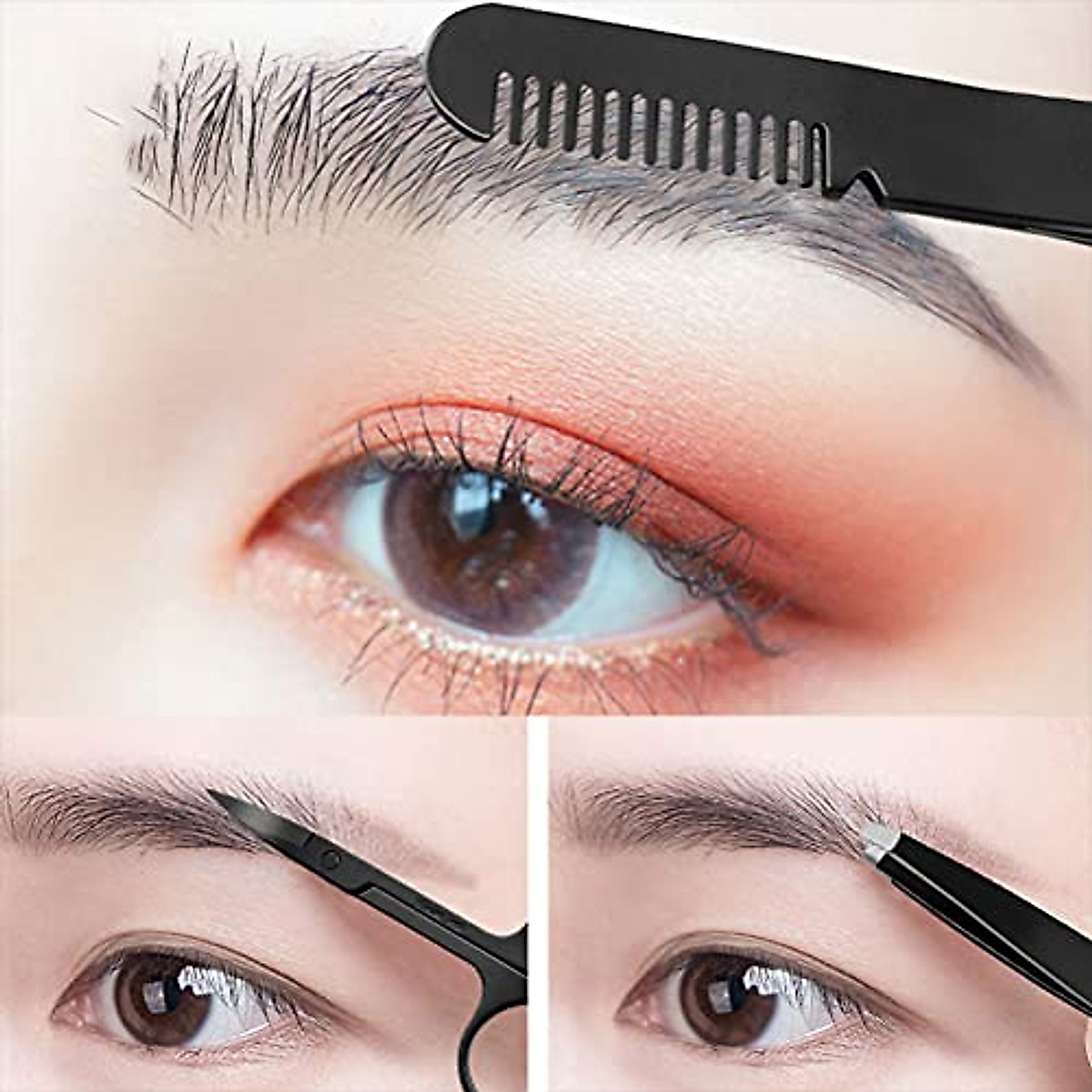 Eyebrow Scissors with Comb Tweezer, Multi-Purpose Stainless Steel Curved Small Eyelash Scissors Tweezer Comb for Women Eyebrow Eyelash Facial Gromming (Black)