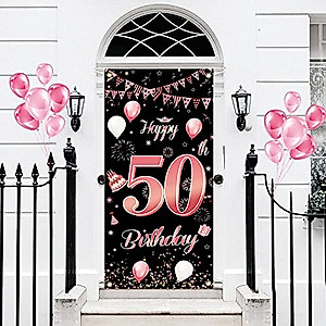 DegGod Happy 50th Birthday Backdrop Banner, Extra Large Rose Gold Birthday Sign Poster Photo Booth Props for Men Women Birthday Party Background Decoration Supplies (Pink,50th)