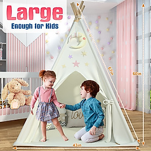 Kids Teepee Tent with Padded Mat & Light String, Washable Foldable Play Tent, Natural Cotton Canvas Teepee Indoor Outdoor Playhouse for Toddler, for 3 4 5 6 7 8 9 10 Boys and Girls