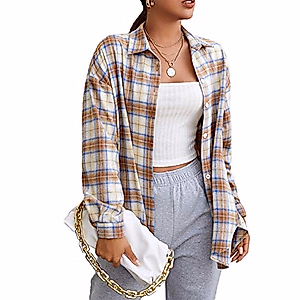 MakeMeChic Women's Plaid Shirts Oversized Flannels Shacket Jacket Multi Camel Small