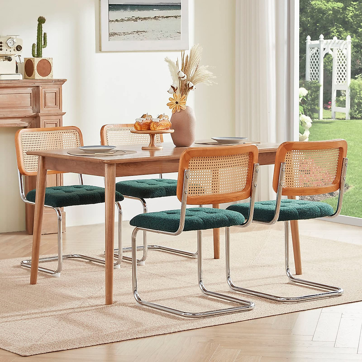 Farini Kitchen Dining Chairs Set of 2,Mid-Century Modern Chair Armless Mesh Backrest Cane Rattan Chairs for Home Dining Room(Dark Green,Teddy Velvet)