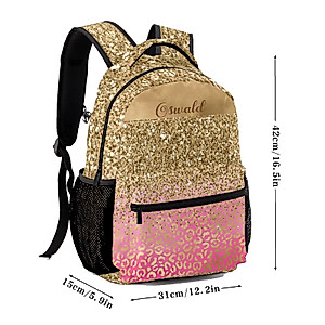 Urcustom Custom Kid Backpack, Glitter Gold Leopard Personalized Name School Bookbag, Customization Casual Bookbags for Student Girls Boys