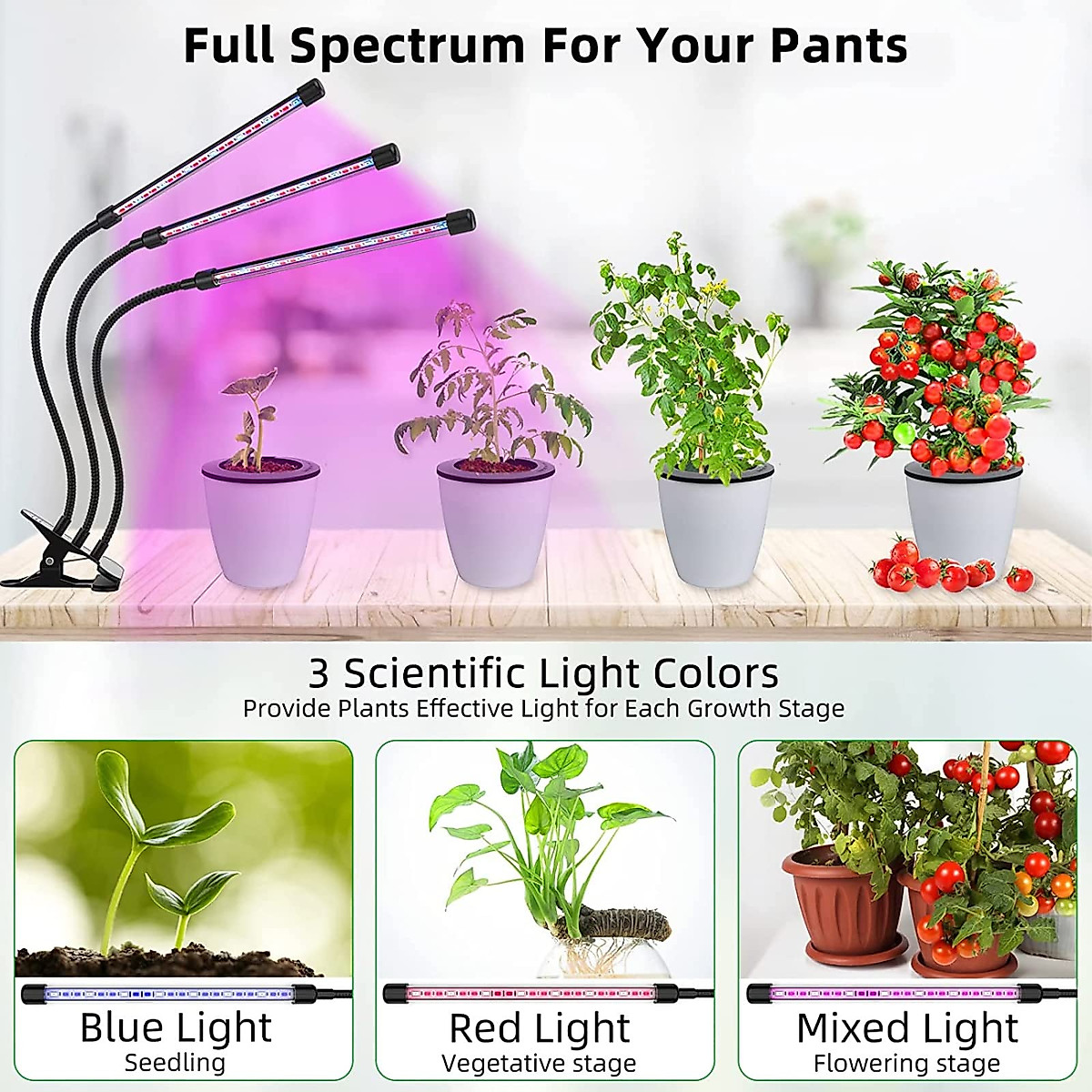 yoyomax LED Grow Light, Full Spectrum Clip Plant Growing Lamp with Red Blue LEDs for Indoor Plants, 6-Level Dimmable, Auto On Off Timing 3 6 12Hrs