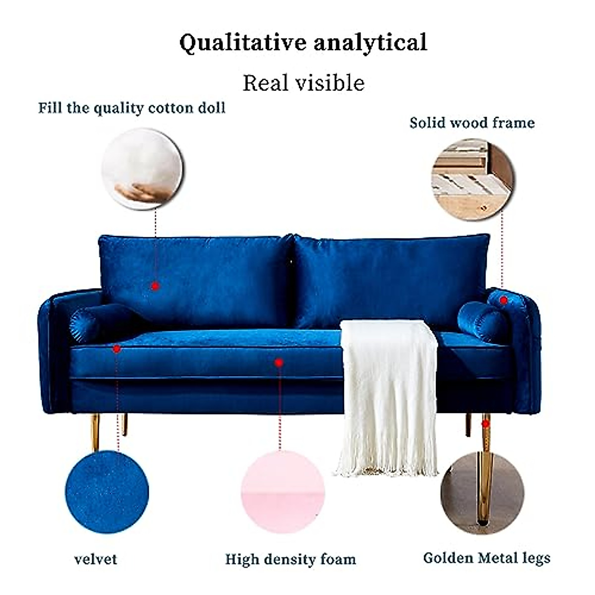 Imseigo 71” Velvet Loveseat Sofa, 3-Seater Sofa for Small Space, Mid Century Modern Futon Couch with Golden Metal Legs and Side Pocket, Small Couches for Living Room, Bedroom, Apartment (Blue)