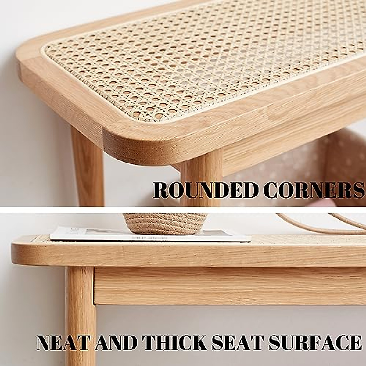 Grewood Wood Dining Bench,100% Natural Solid Oak Bed Bench with Rattan Design, Rounded Edge, Bench for Entryway Hall, Dining Room,Bedroom, Living Room (Natural Color, 31.49 inch)