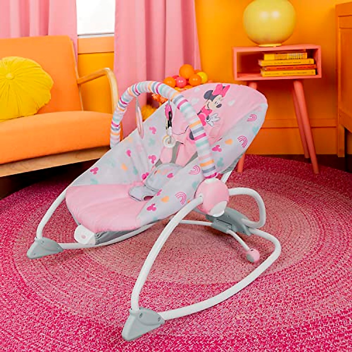 Bright Starts Disney Baby Minnie Mouse Infant to Toddler Rocker with Vibrations and Removable-Toy Bar - Forever Besties, Newborn +