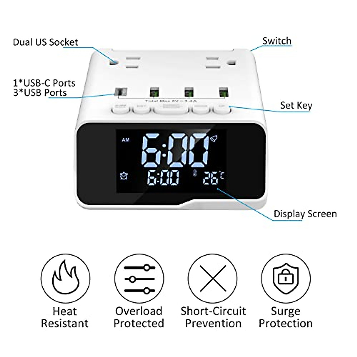 Alarm Clock with USB Ports, BTU Digital Alarm Clock Power Strip Surge Protector with 2 AC Outlets, 4 USB Ports, 6FT Power Cord, Adjustable Brightness and Snooze Function for Bedroom, Hotel