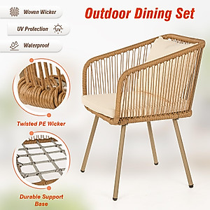 3 Piece Patio Furniture Set with Cushions Lumbar Pillows Outdoor PE Rattan Bistro Furniture Set Patio Rattan Conversation Set Glass Coffee Table Top and 2 Chairs for Patio Garden Porch , White