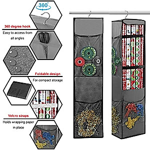 ProPik Holiday Hanging Wrapping Paper Storage Bag Organizer Swivel Hanger 360 Degree Multiple Mesh Pockets And Loops Holds Up To 25 Rolls 40 Inch Plus Space For Ribbons Bows And Gift Wrap (Gray)