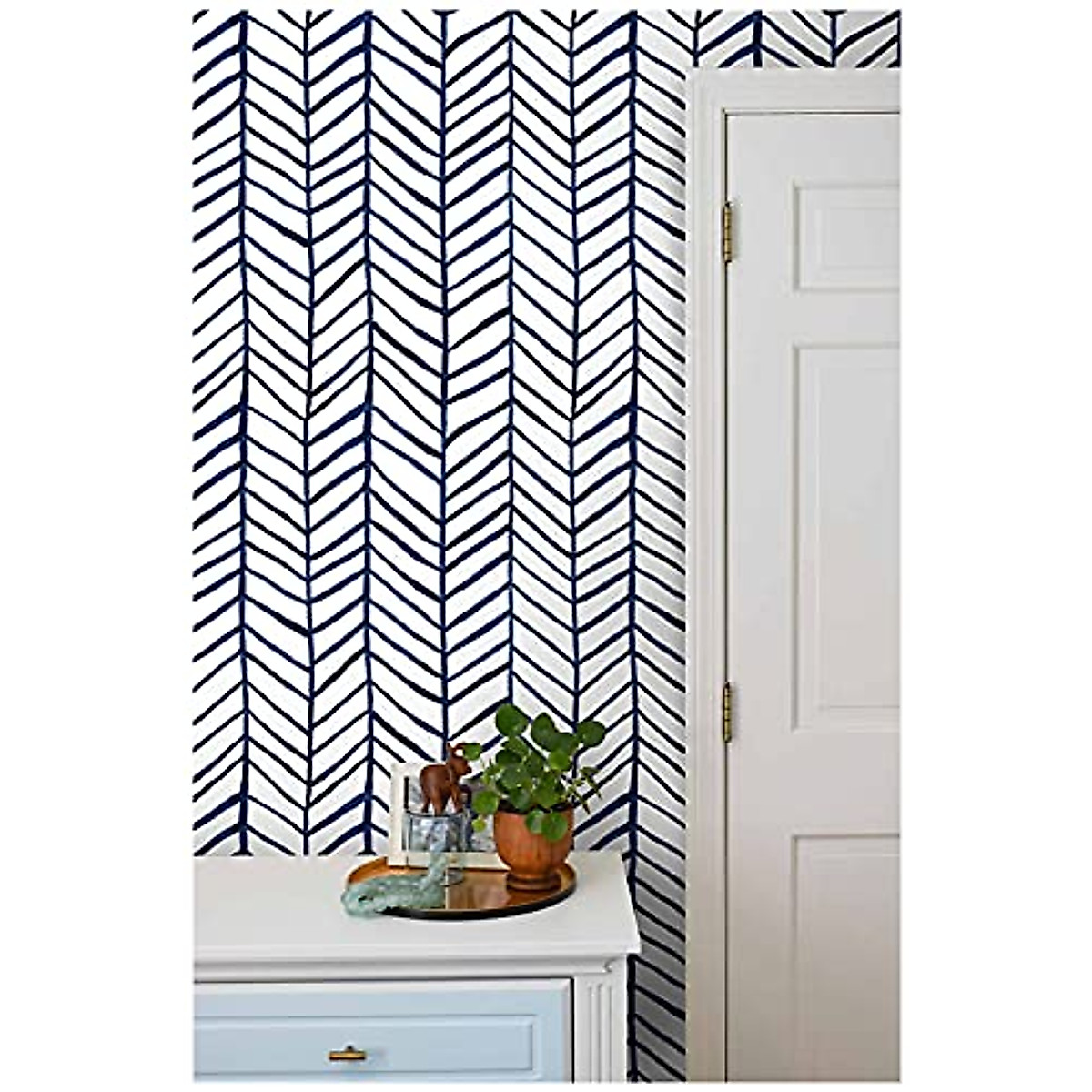 HAOKHOME 96020-2 Modern Stripe Peel and Stick Wallpaper for Bedroom Herringbone Navy Blue Vinyl Removable Decoration 17.7in x 9.8ft