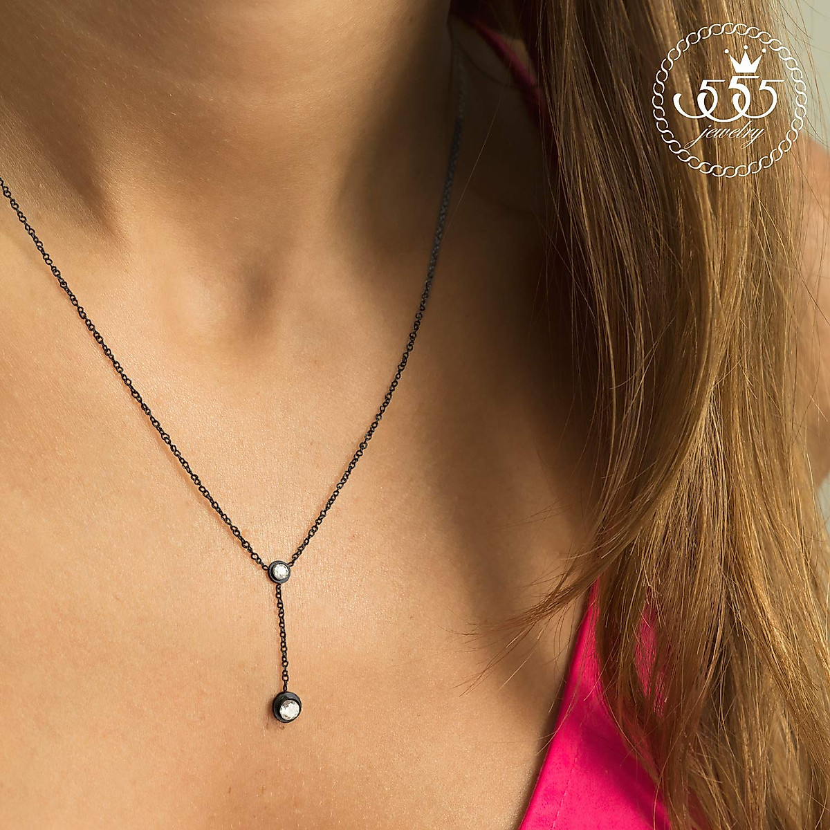 555Jewelry Womens Stainless Steel Metal Charming Lariat Style Y Droplet Cable Chain Brilliant Drop Round CZ Layered Hypoallergenic Fashion Jewelry Accessory Pendant Necklace, Black 18 Inch