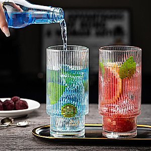 wookgreat Drinking Glasses, 16oz Origami Style Glass Cups with straw, 4 pcs Highball Glasses, Elegant Ripple Vintage Glassware, Ribbed Glasses, Iced Coffee Glasses Ideal for Cocktail Whiskey, Juice